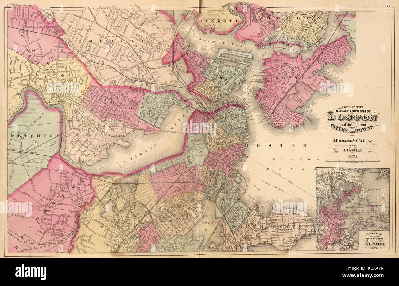 1871 Boston map by H. F. Walling & Orm Gray Stock Photo - Alamy