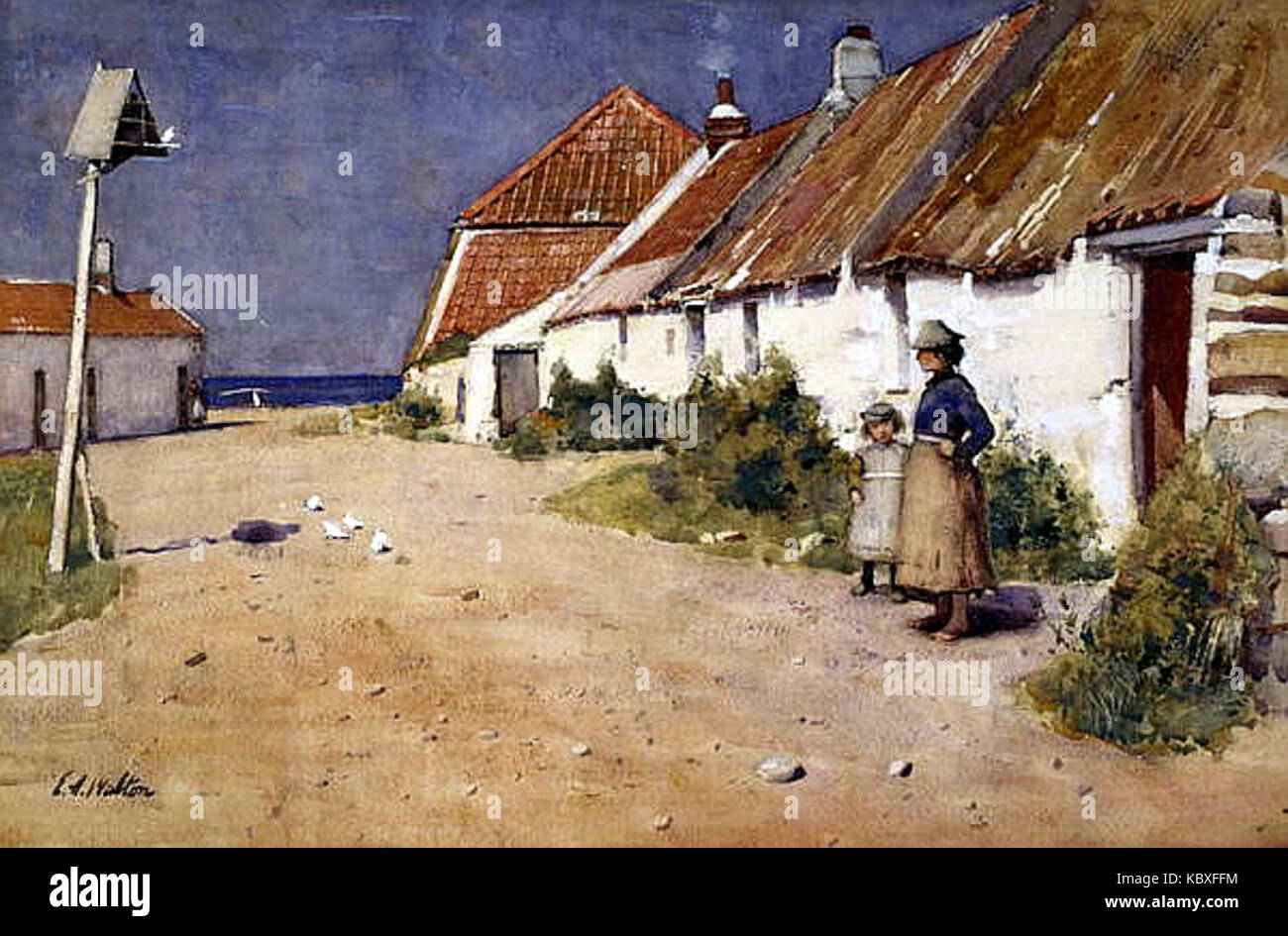 This painting by Edward Arthur Walton depicts seaside cottages with a ...