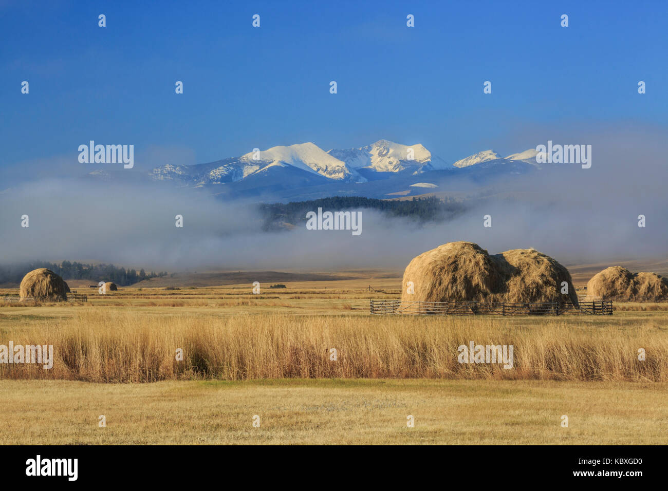 haystacks and morning fog below peaks of the flint creek range near ...