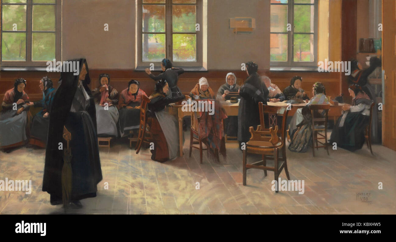 Hubert Vos's painting 'The Knitting Room Stock Photo - Alamy