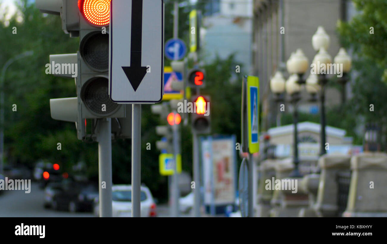 A busy downtown intersection. Traffic light, intersection, people Stock ...