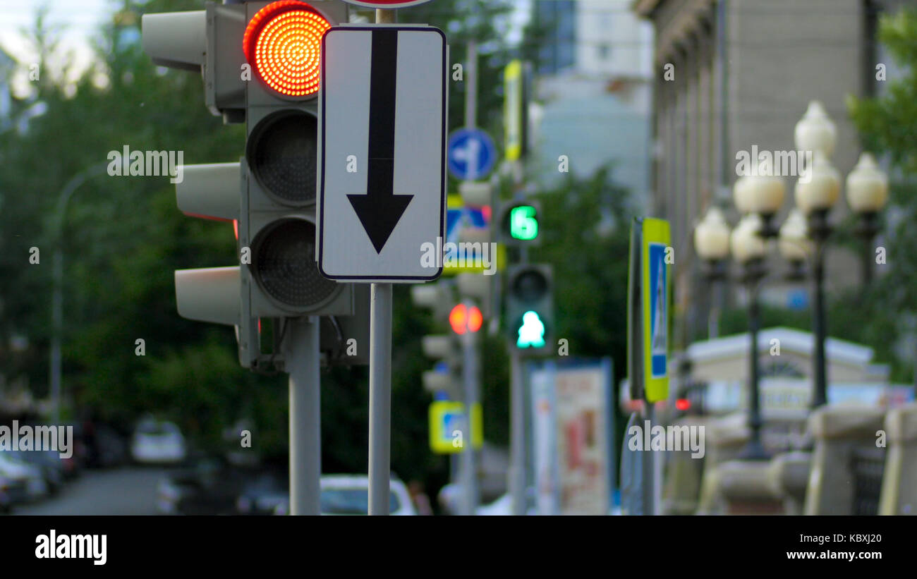 A busy downtown intersection. Traffic light, intersection, people Stock ...