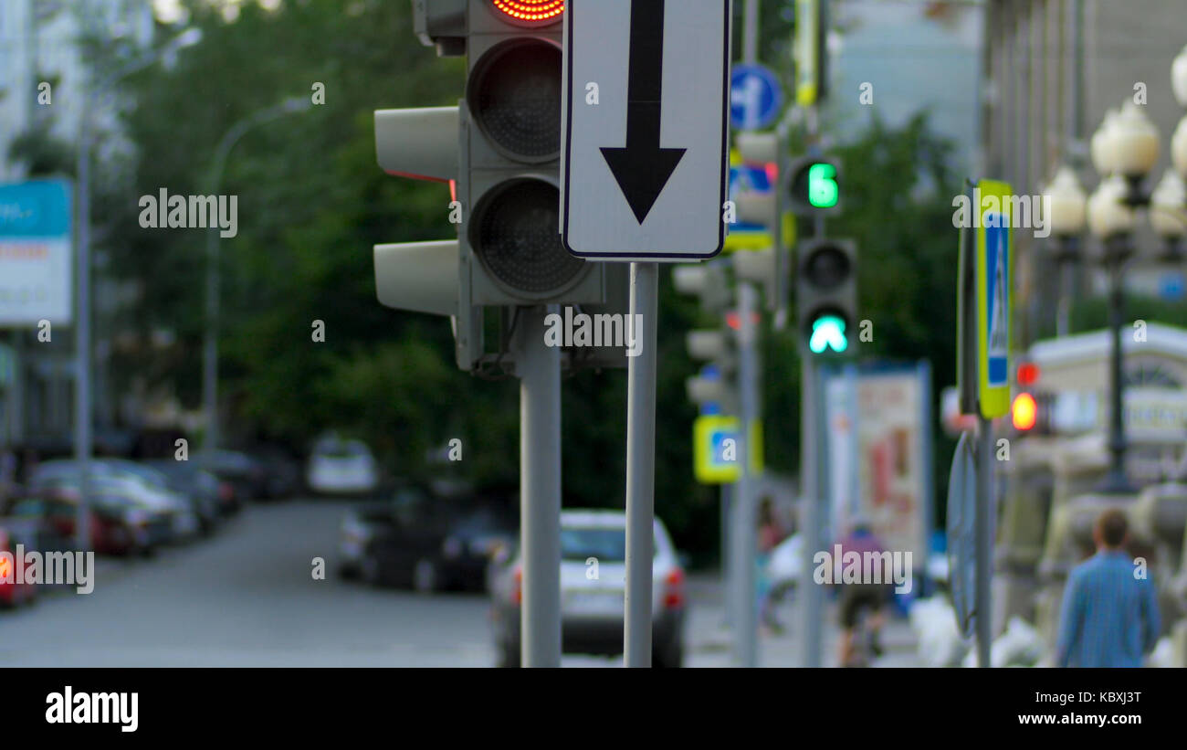 A busy downtown intersection. Traffic light, intersection, people Stock ...