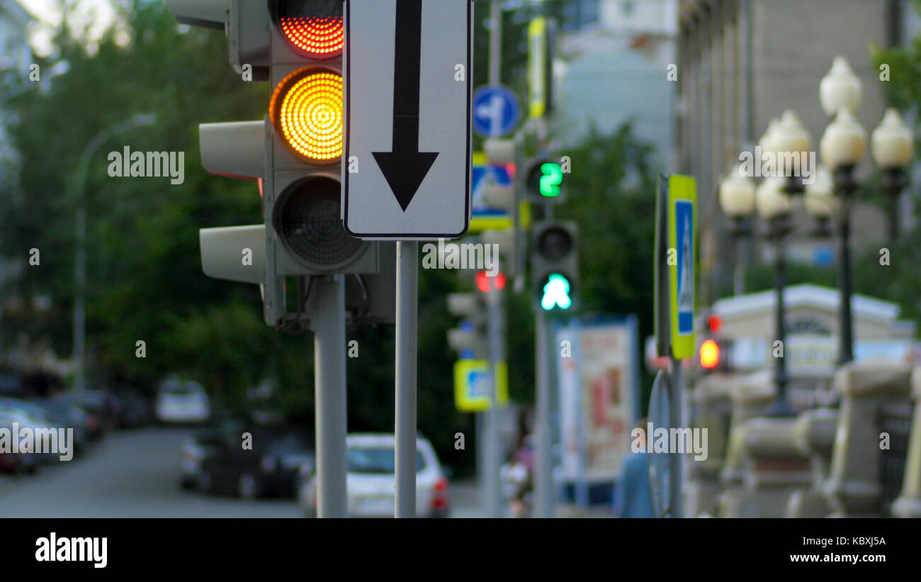 A busy downtown intersection. Traffic light, intersection, people Stock ...