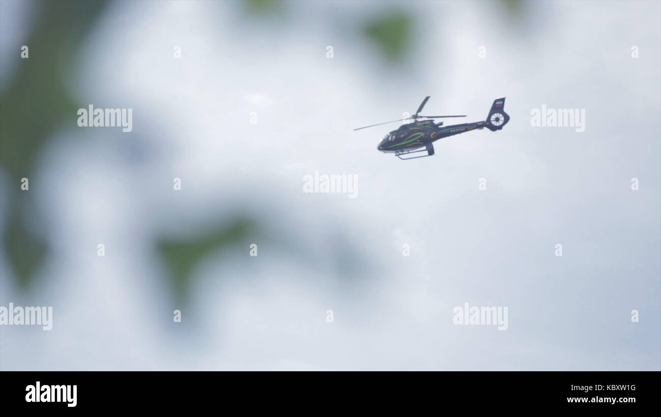 Helicopter flying in the sky behind or through tree branches view ...