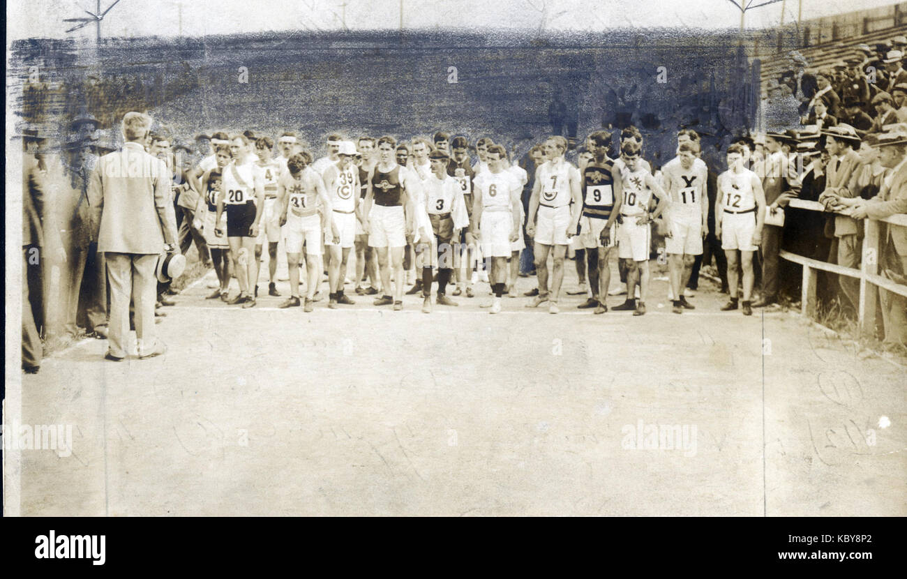 1904 Olympics Runners lined up at start of Marathon Race, receiving ...
