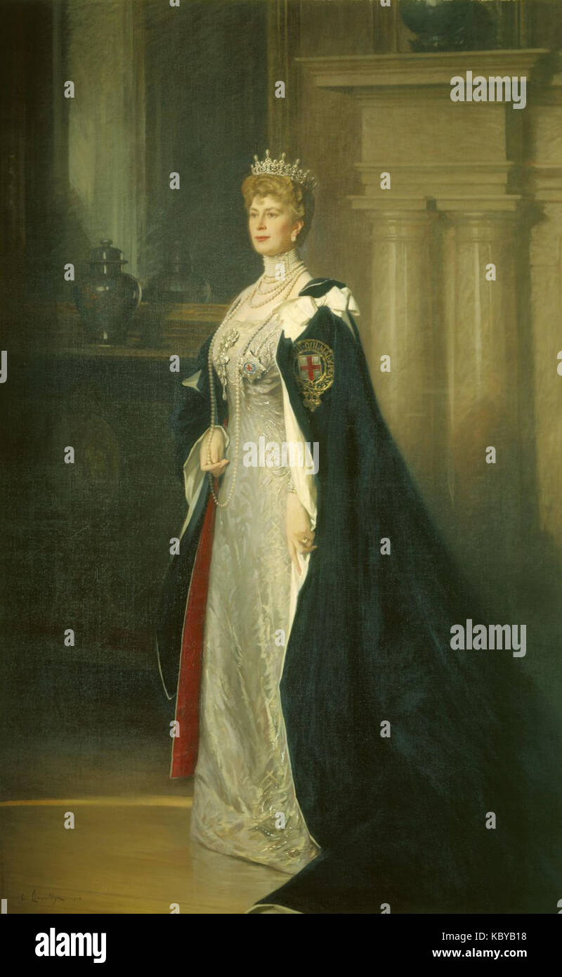 Queen Mary is depicted wearing the Garter ceremonial robes, a symbol of ...