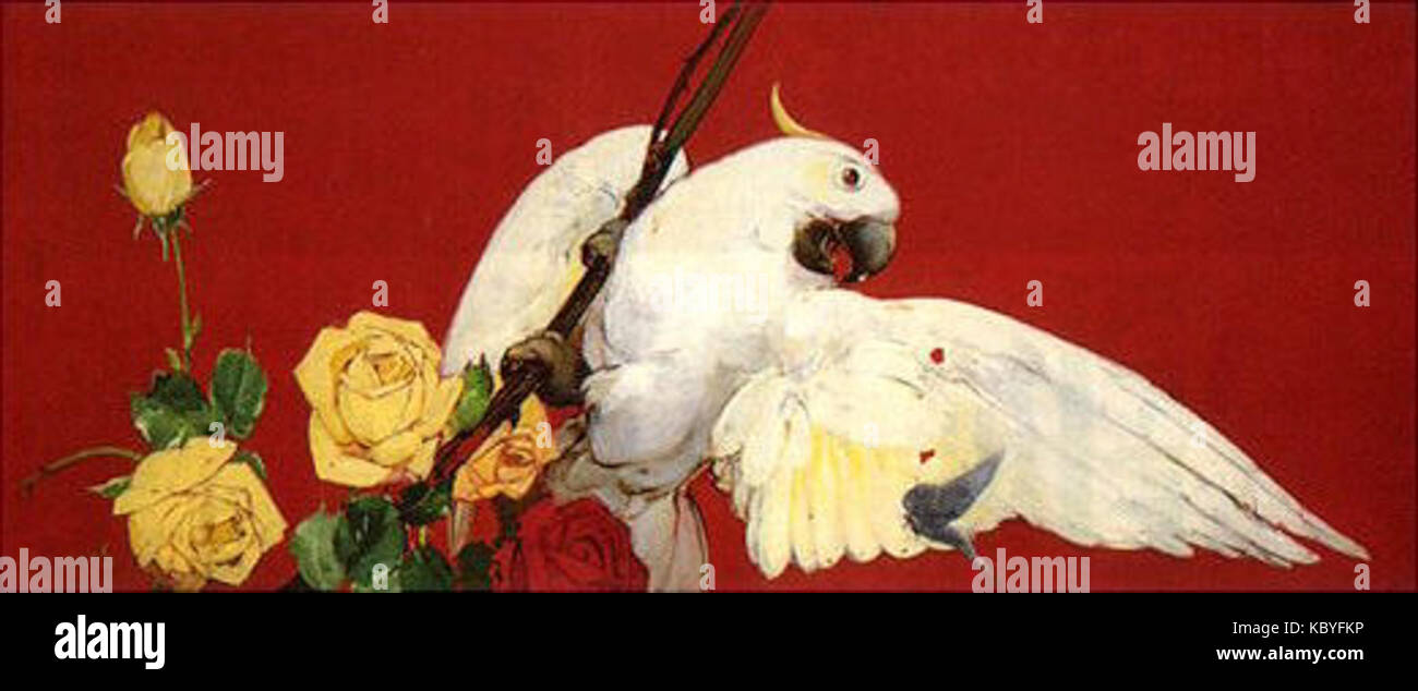 A traditional woodblock print by Kawamura Kiyoo, depicting a cockatoo ...