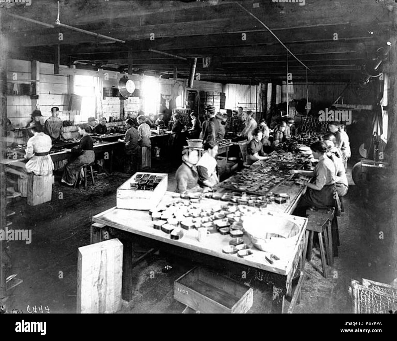 This photograph shows the interior of an unidentified cannery in Maine ...