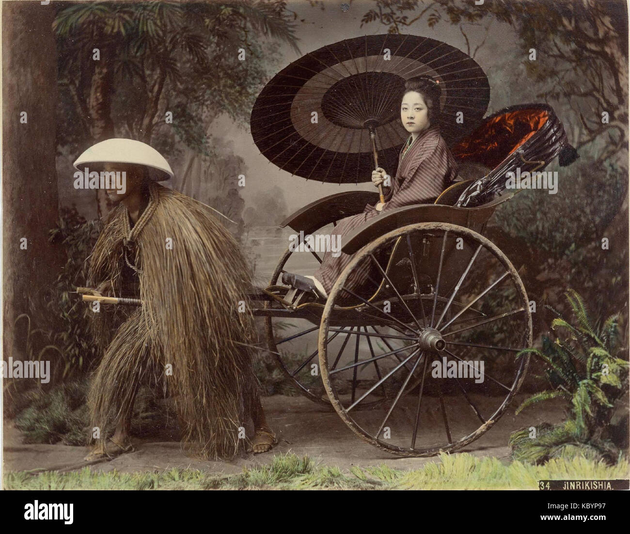 A photograph or artwork by Kusakabe Kimbei, showcasing a jinrikisha, a ...