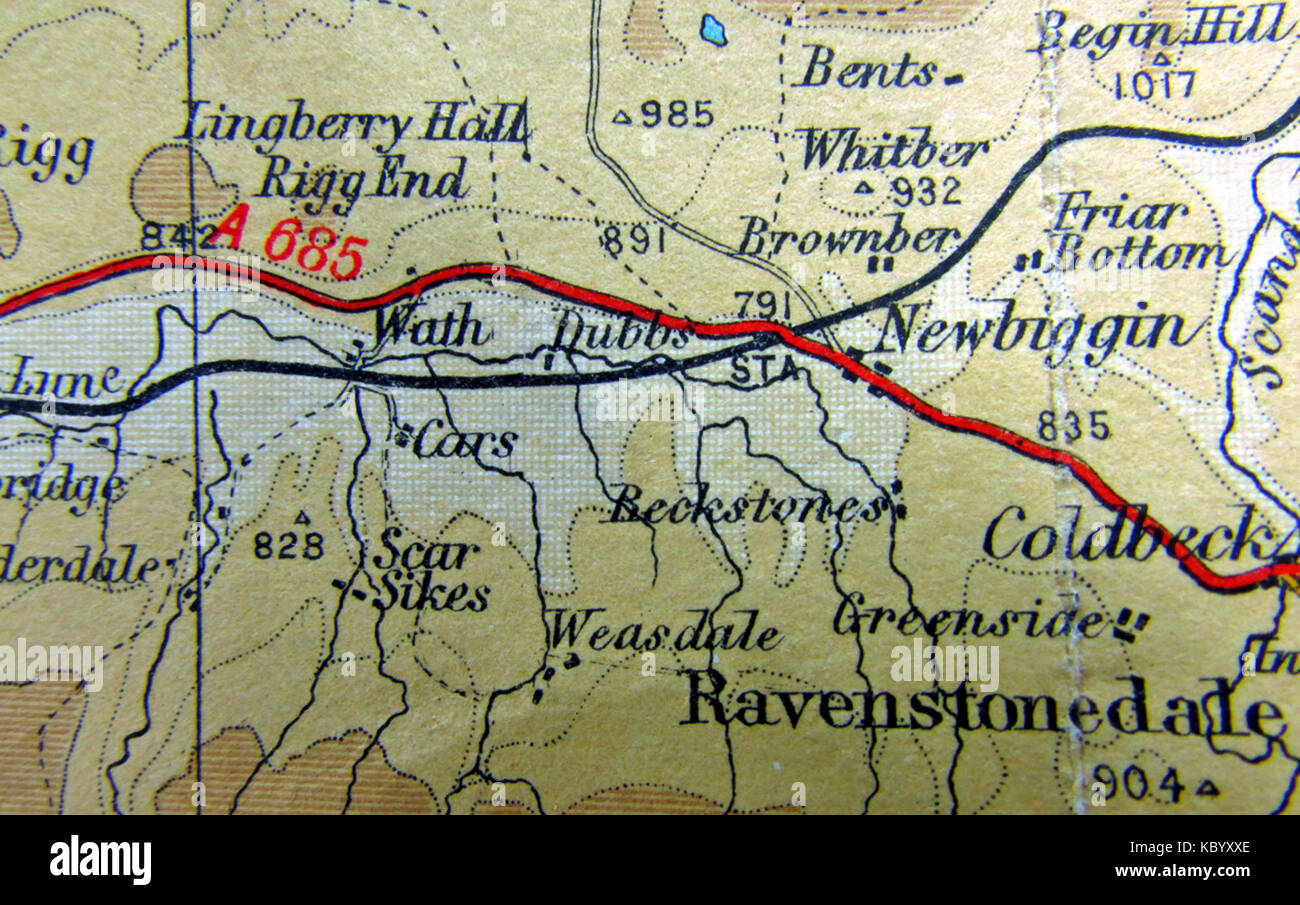 Ravenstonedale Rly Stn location on 1935 Map Stock Photo - Alamy