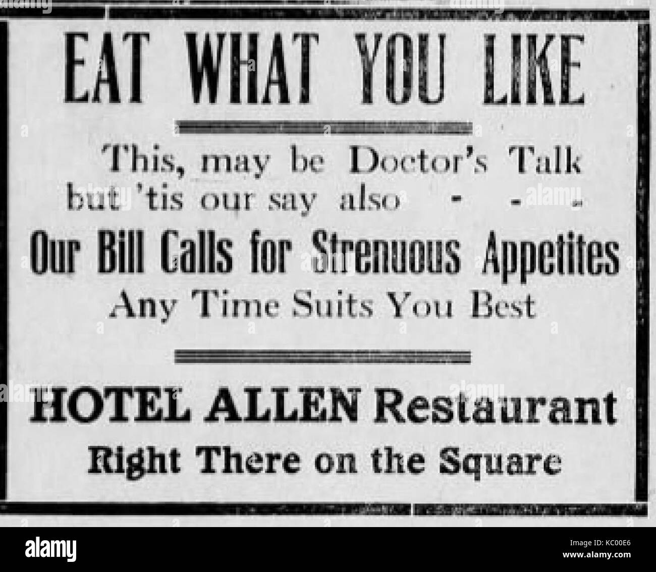 1910 Hotel Allen Newspaper Ad2 Allentown PA Stock Photo - Alamy