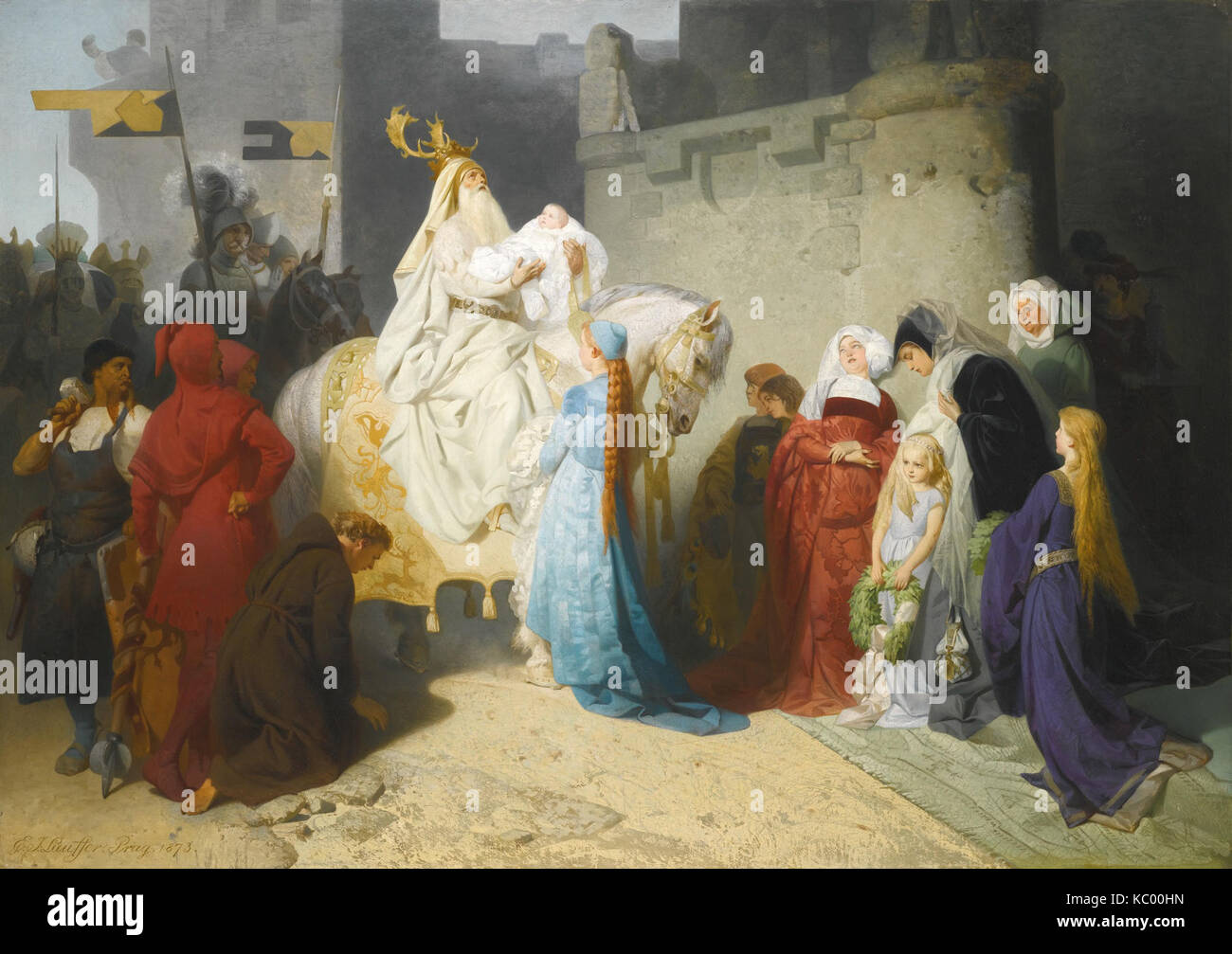 Emil Johann Lauffer Merlin presenting the future king Arthur Stock ...