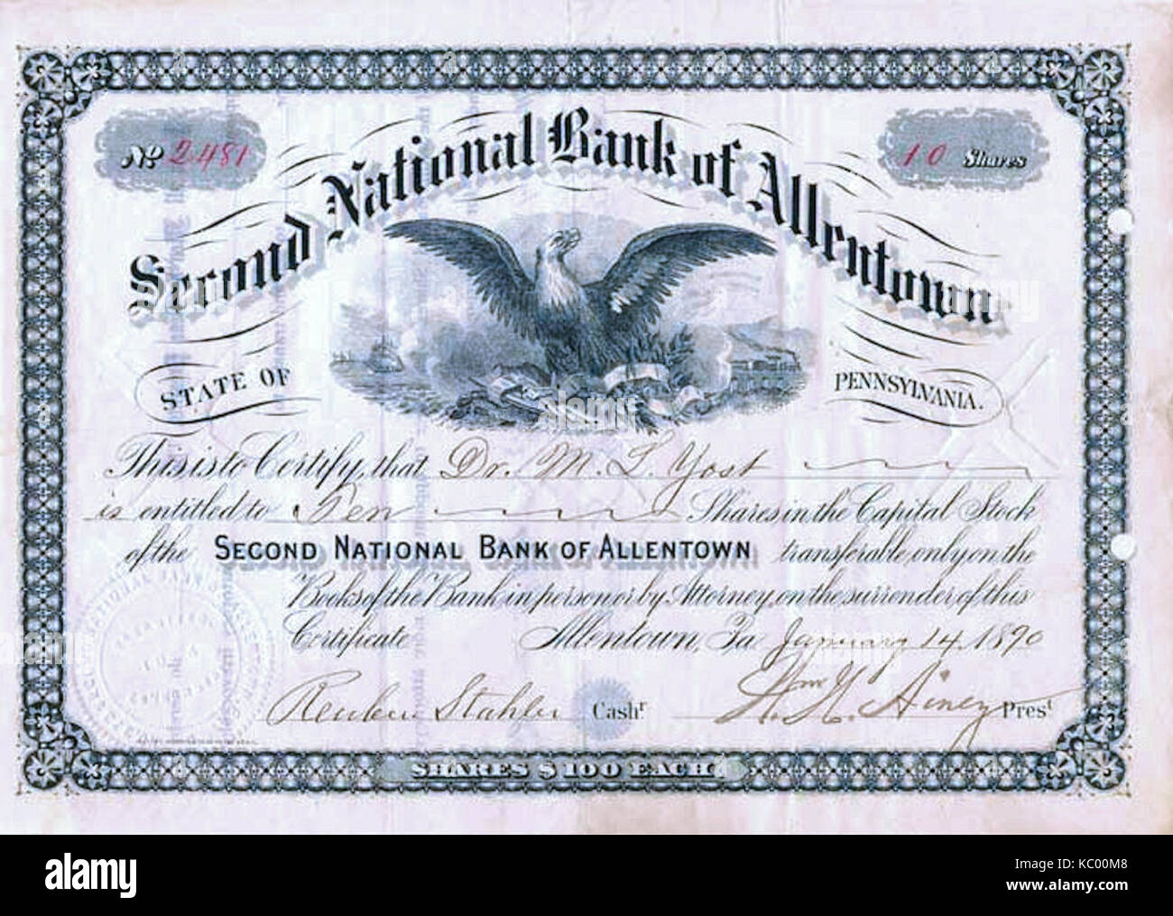 1870 Second National Bank Stock Certificate Allentown PA Stock Photo ...