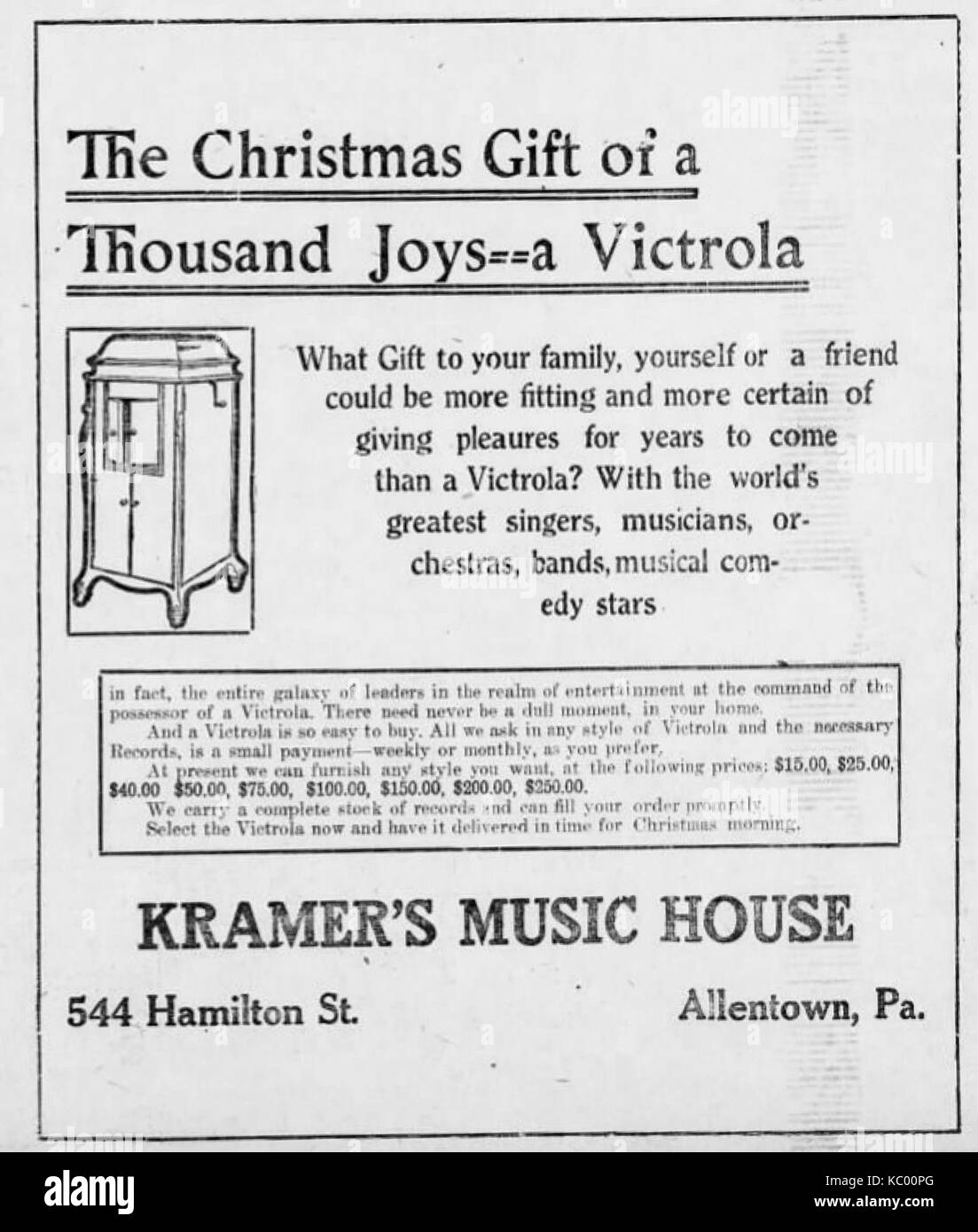 1913 Kramers Music House Newspaper Ad Allentown PA Stock Photo - Alamy
