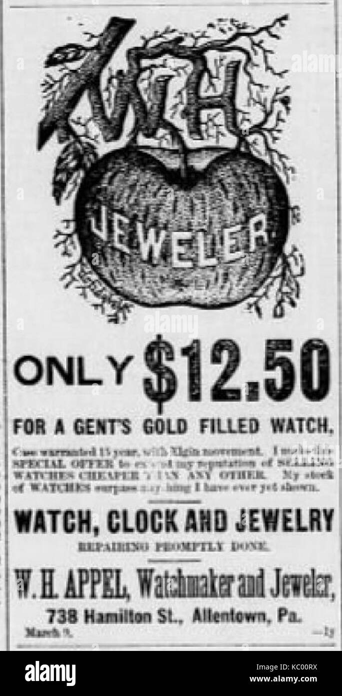 1892 W H Appel Jewelers Newspaper Ad Allentown PA Stock Photo - Alamy