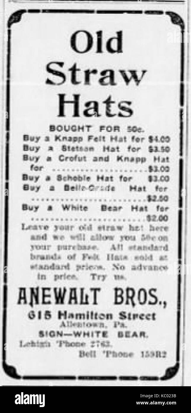 1908 Anewalt Newspaper Ad Allentown PA Stock Photo - Alamy
