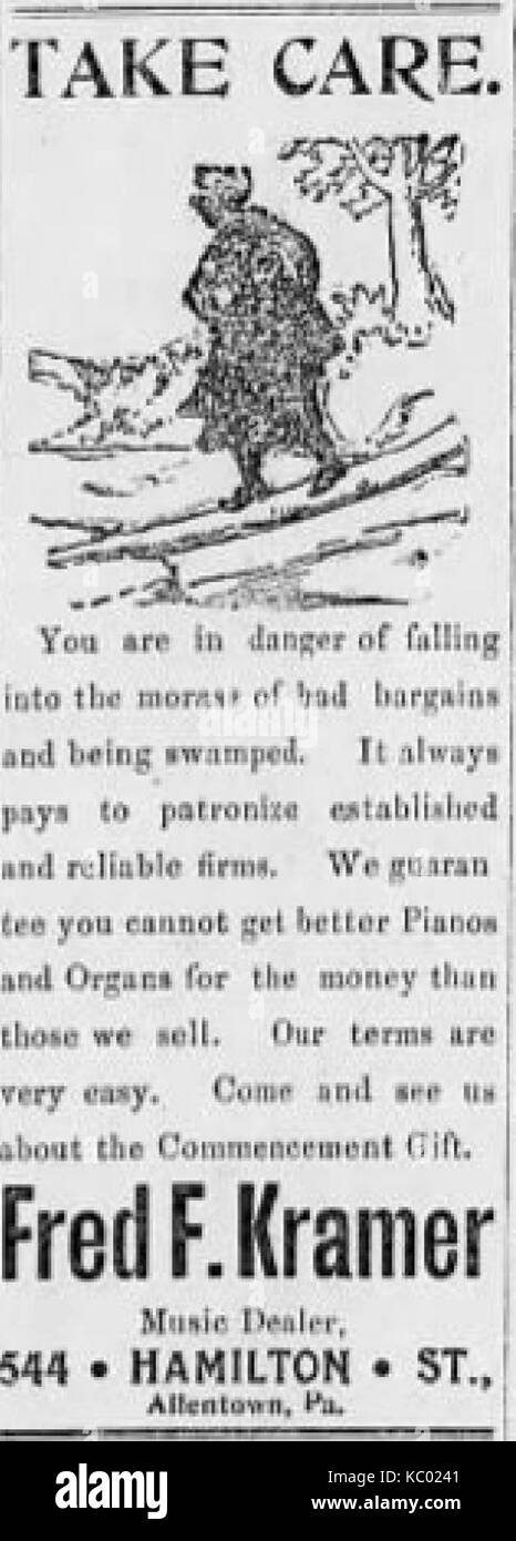 1895 Fred F Kramer Newspaper Ad Allentown PA Stock Photo - Alamy