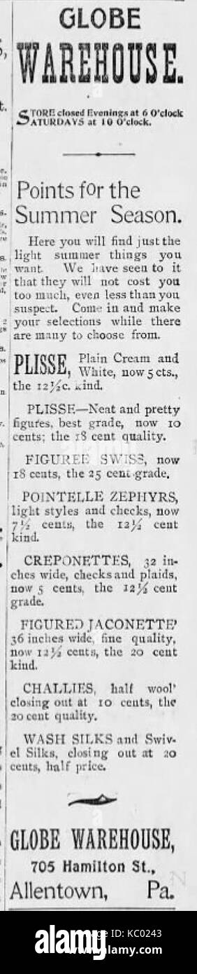 1895 Globe Warehouse Newspaper Ad Allentown PA Stock Photo - Alamy