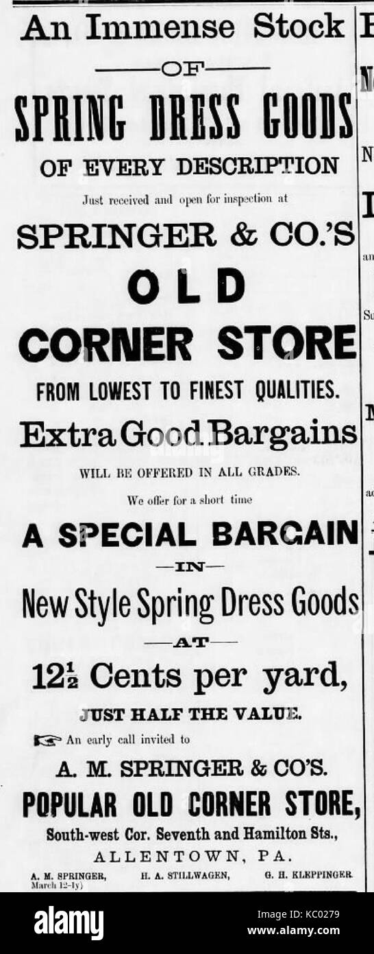 1879 A M Springer & Company Newspaper Ad Allentown PA Stock Photo - Alamy
