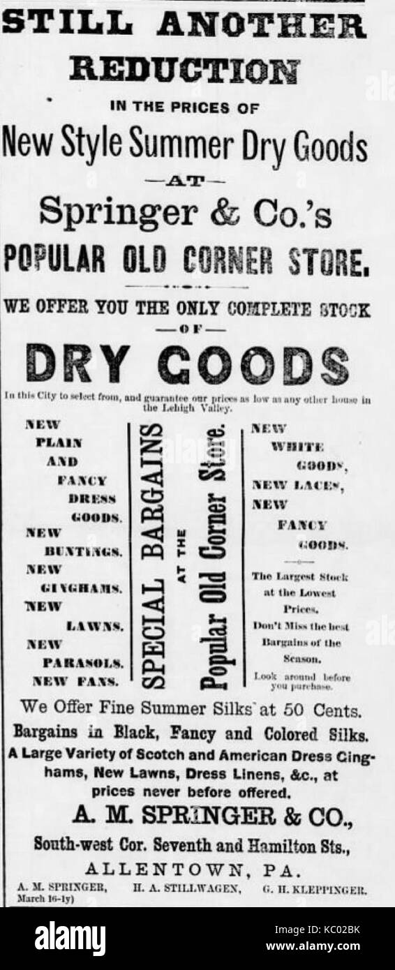1881 Springer & Company Newspaper Ad Allentown PA Stock Photo - Alamy