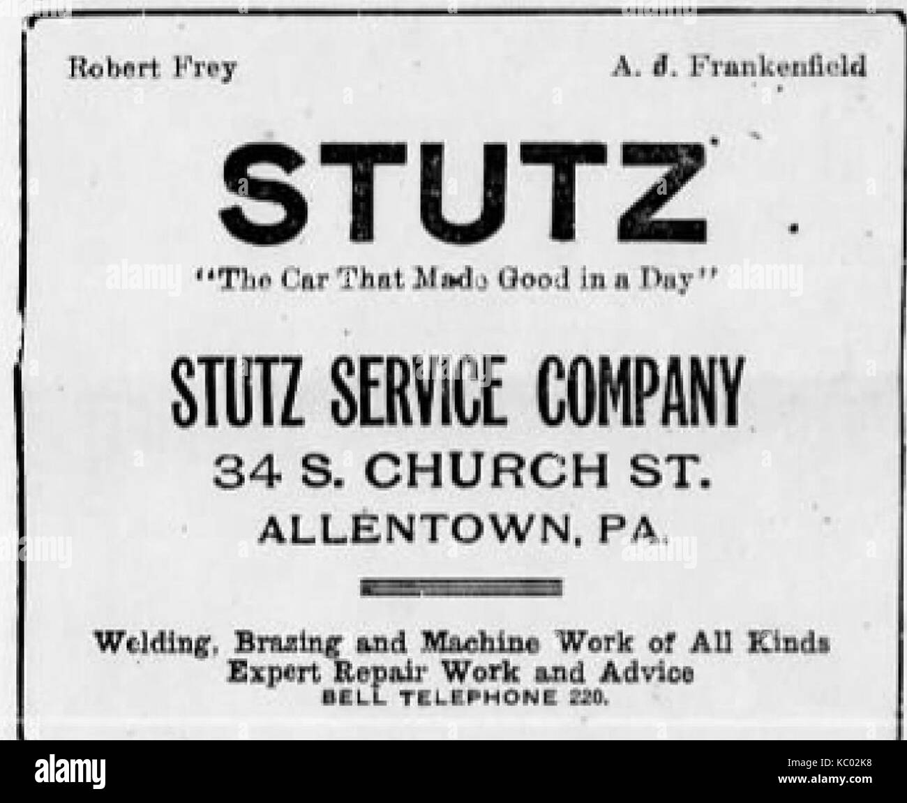 This newspaper advertisement from 1918 features the Stutz Service ...