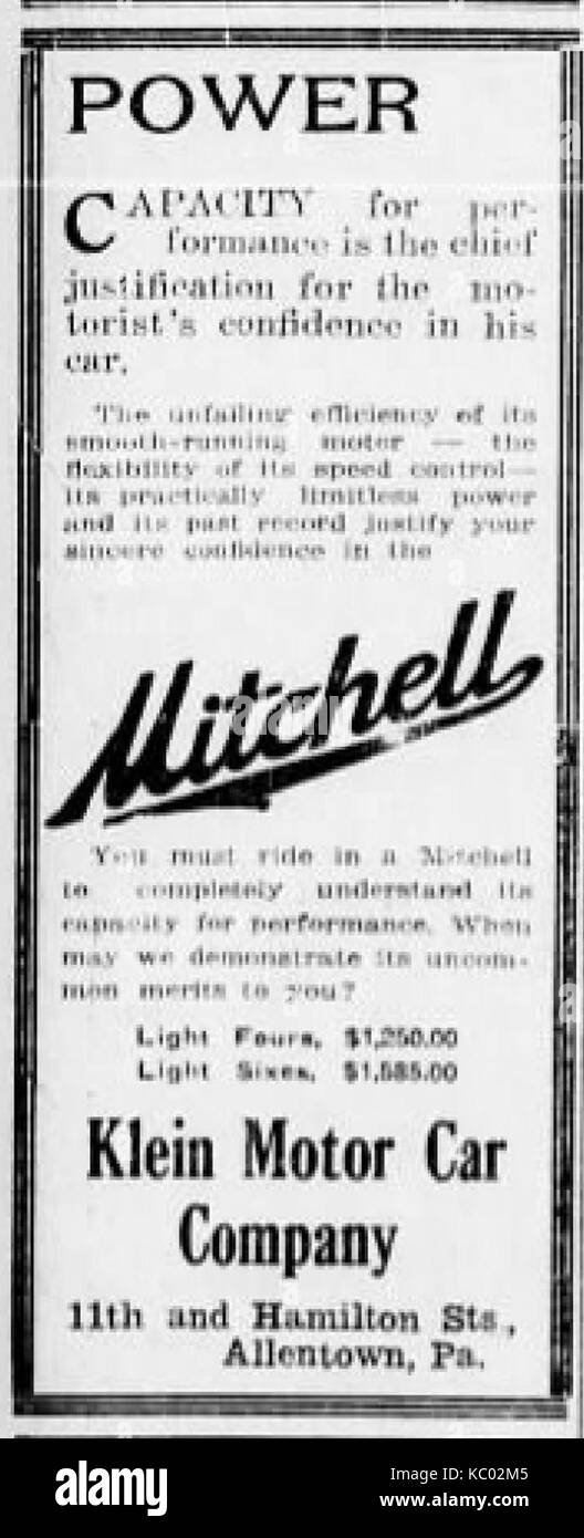 1915 Klein Motor Car Company Newspaper Ad Allentown PA Stock Photo - Alamy