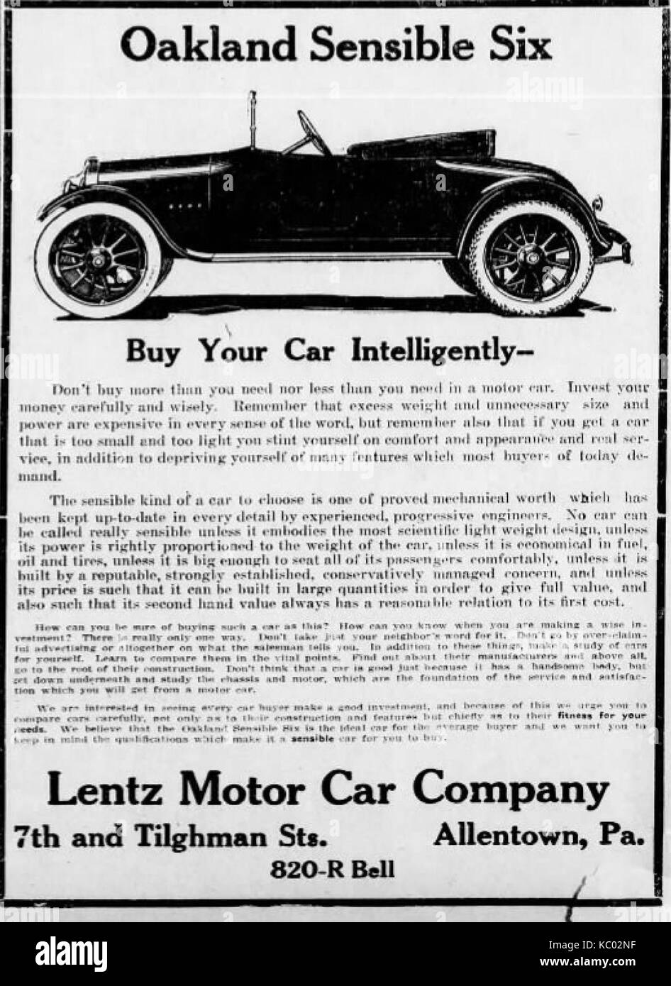 1917 Lentz Motor Car Company Newspaper Ad Allentown PA Stock Photo - Alamy