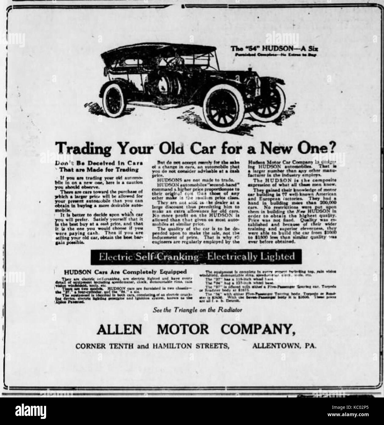 1912 Allen Motor Company Newspaper Ad Allentown PA Stock Photo - Alamy