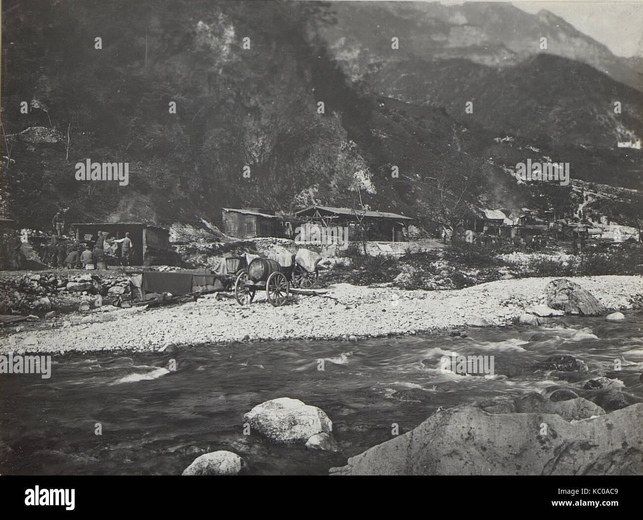 A historical illustration from World War I showing barracks at ...