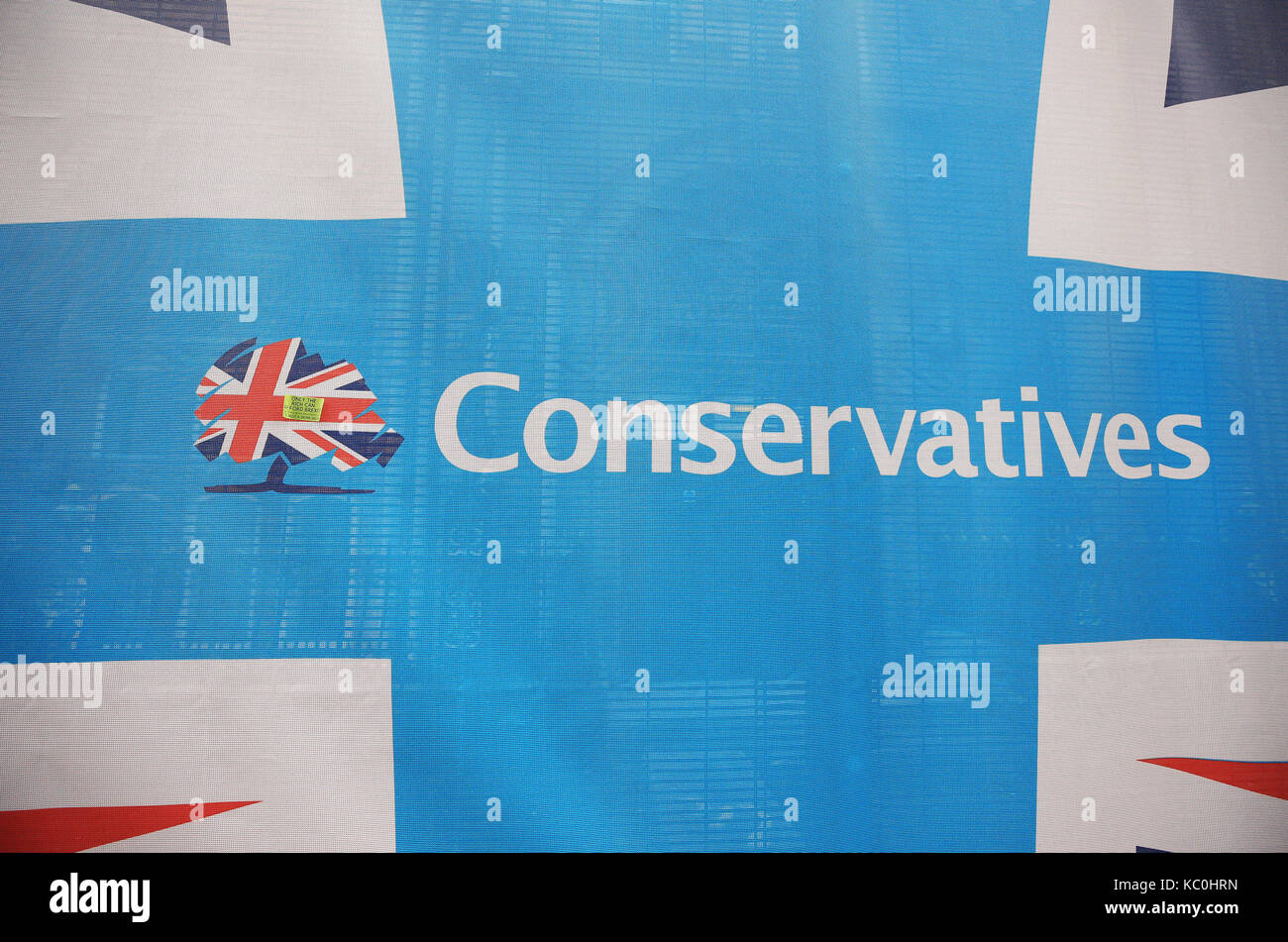 A banner at the Conservative party conference at the Manchester Central ...