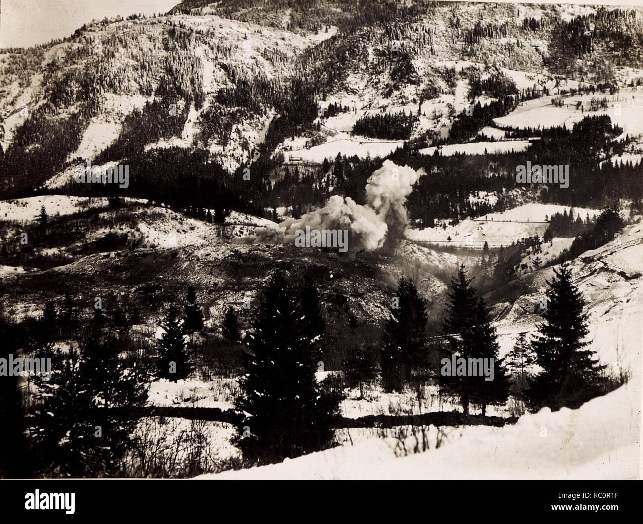 An image depicting the explosion of a heavy mine, likely from a wartime ...