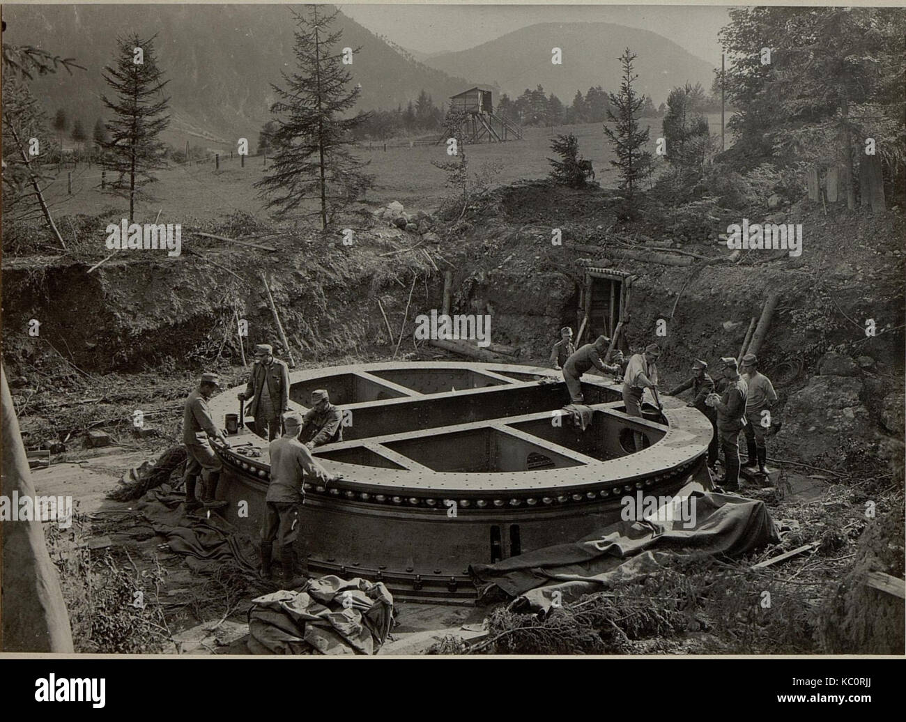 This historical image shows the position of a 42 cm howitzer in the ...