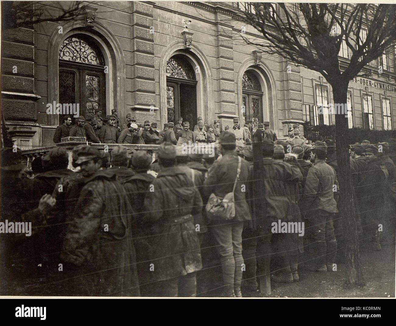 A historical photograph showing 497 men and 16 officers captured at ...