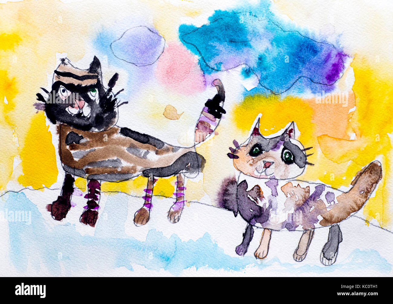 Two cats. Child watercolour hand drawing. Close-up Stock Photo - Alamy Two cats. Child watercolour hand drawing. Close-up Stock Photo - Alamy