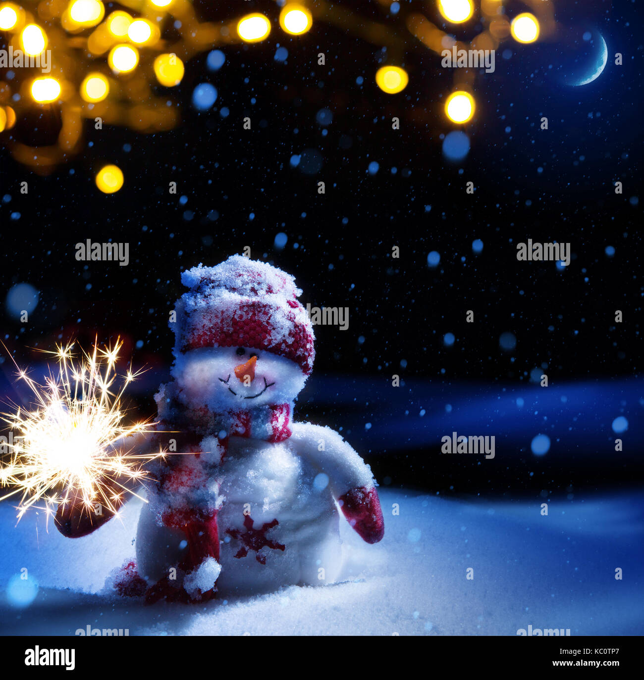 Art Christmas night - background with snowman in the snow Stock Photo ...