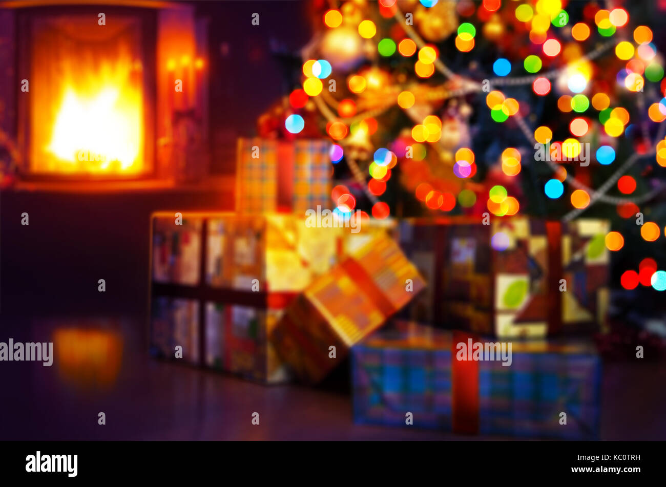 art Christmas scene with tree gifts and fire in background Stock Photo ...