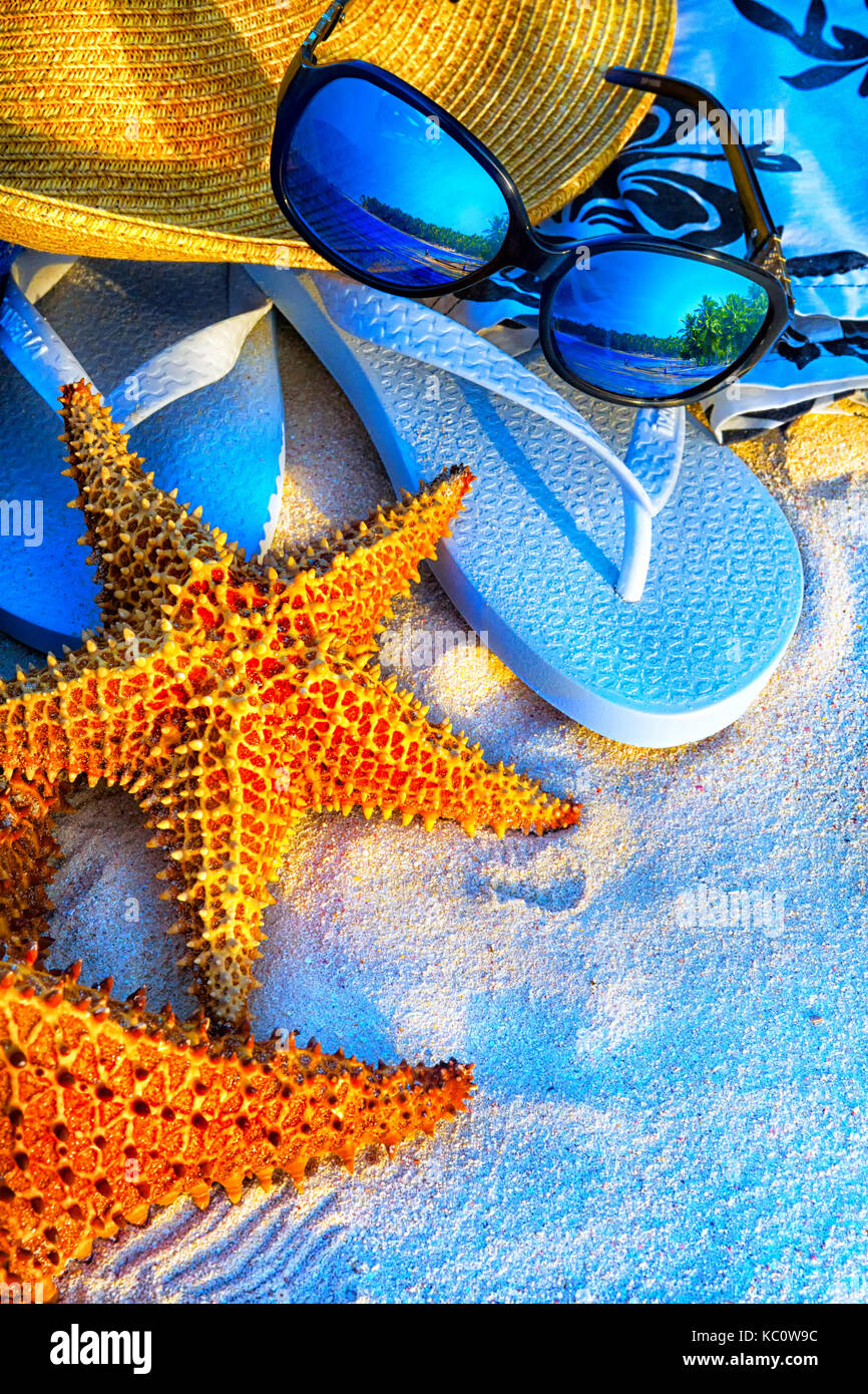 Art Summer holidays sea beach background. Pair of flip- flops in the ...