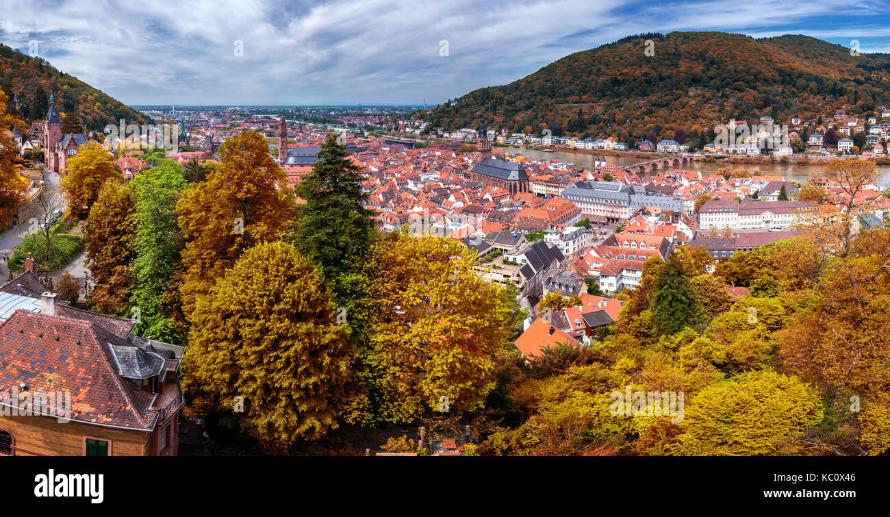 View on Heidelberg in autumn with red foliage including Carl Theodor ...
