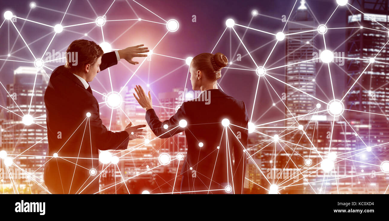 Concept of social connection and networking against night city view and ...