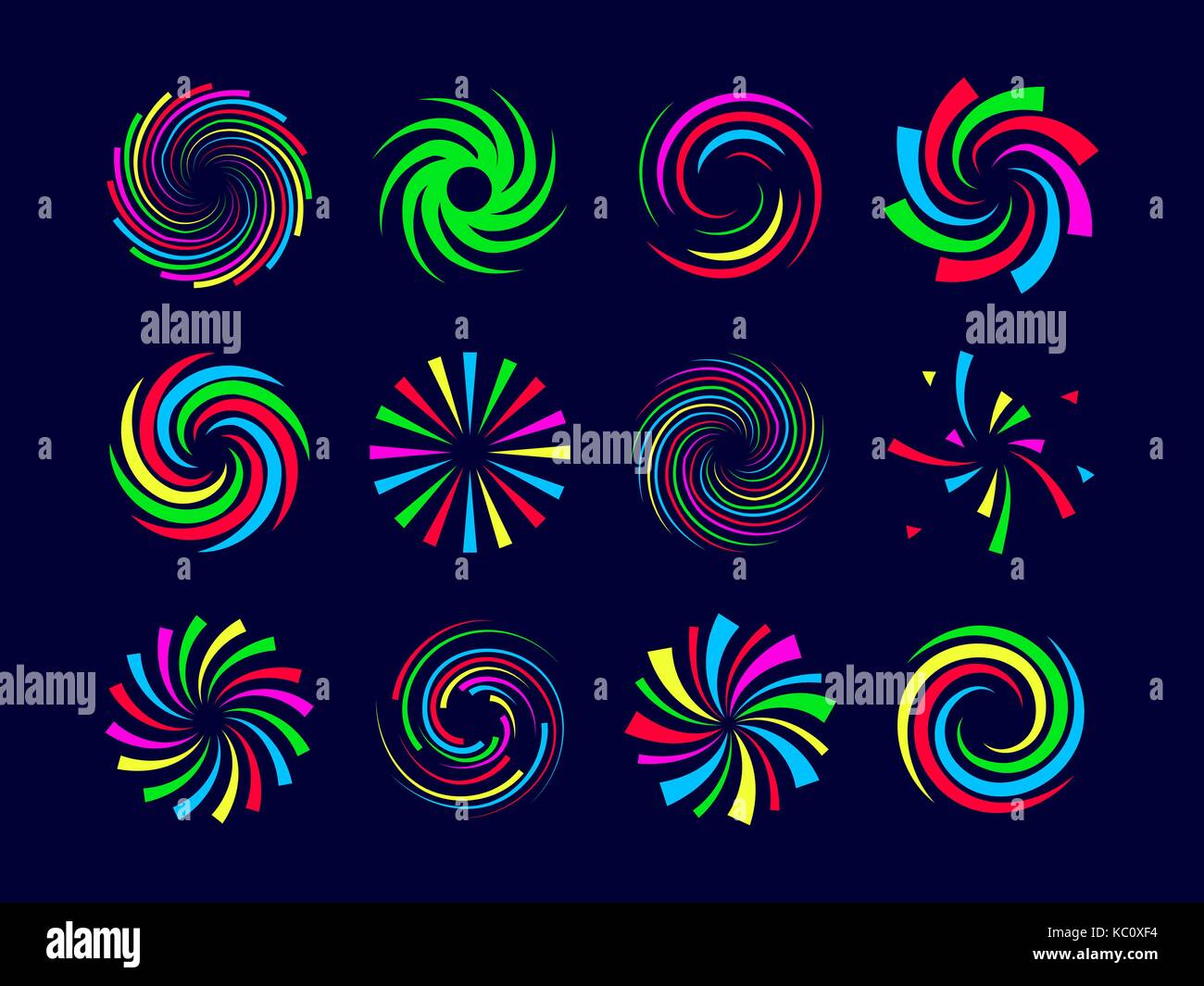 Colorful festive spirals twist and swirls fireworks set. Vector ...