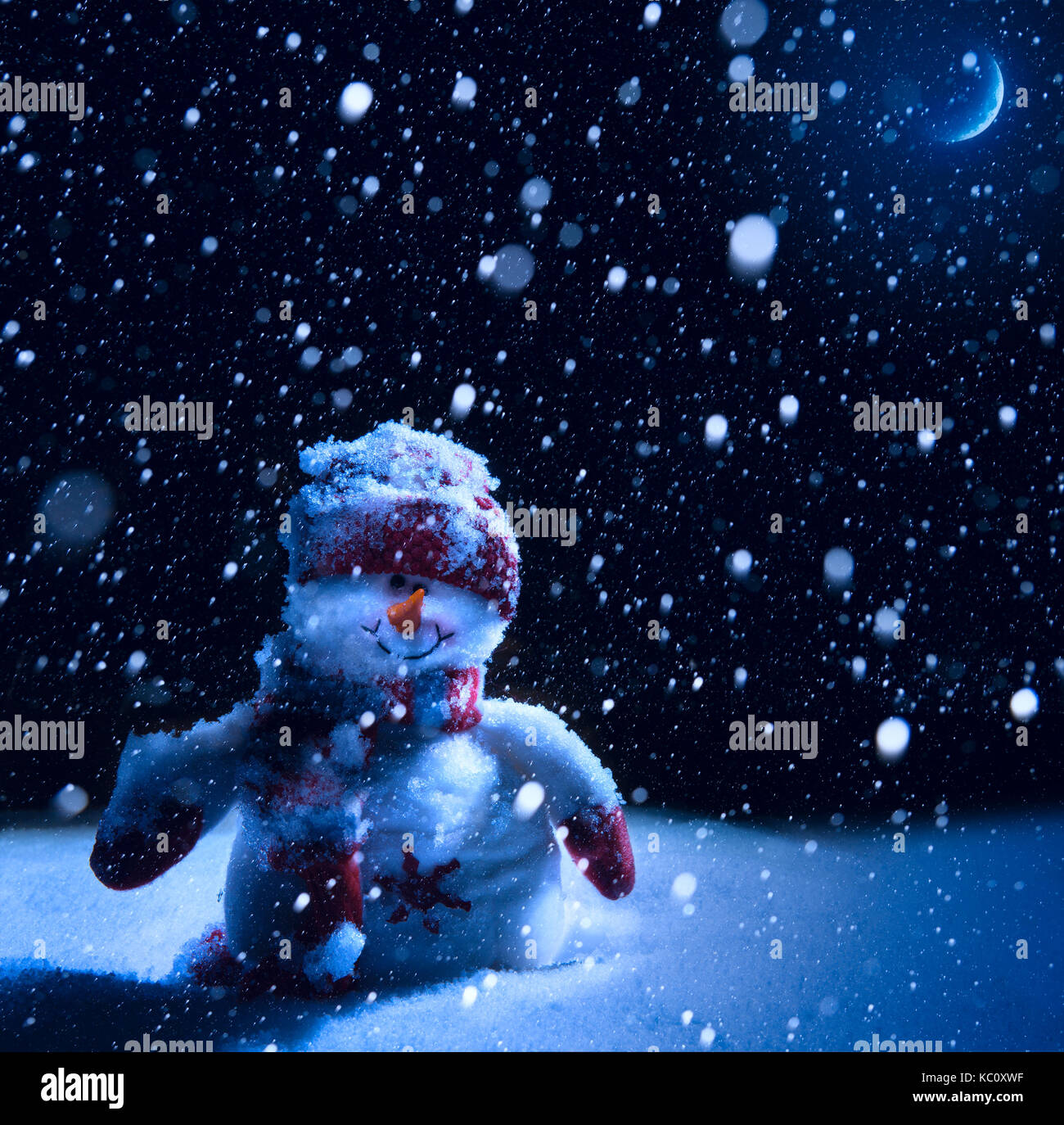 Art Christmas night - background with snowman in the snow Stock Photo ...