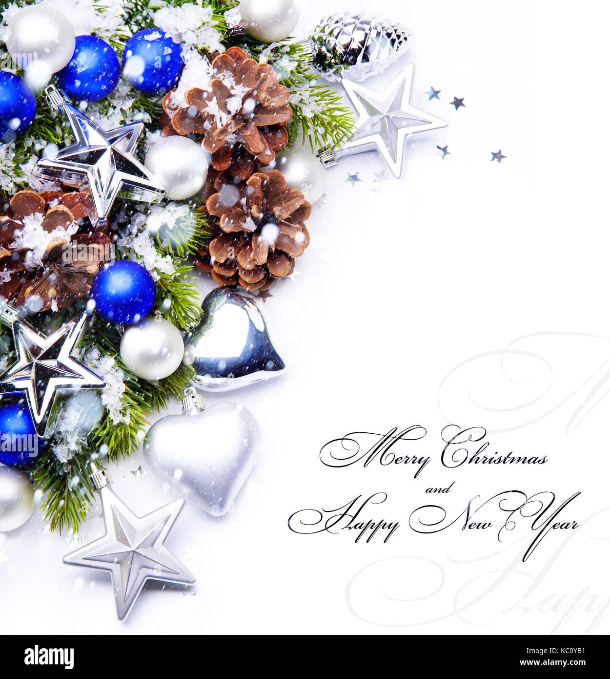 christmas frame with fir tree branch and christmas decoration on white ...