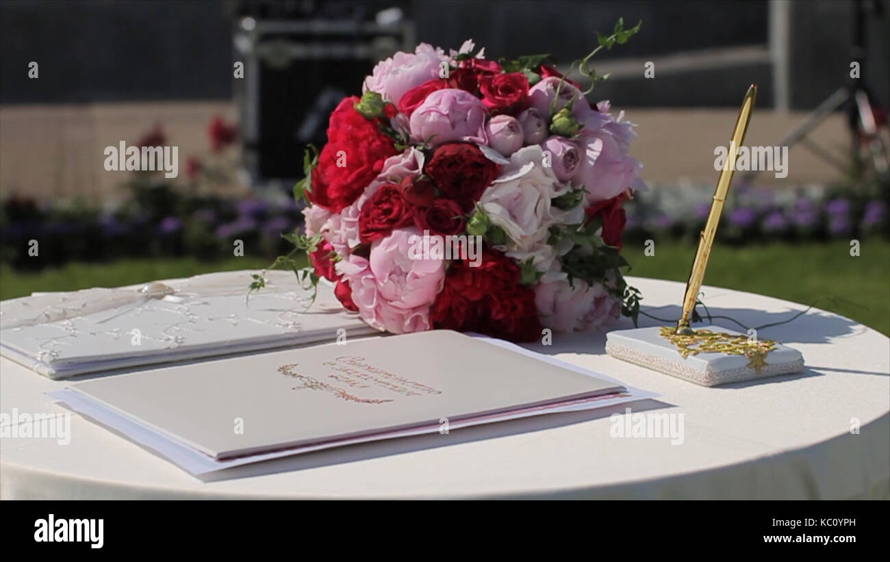 Decoration of wedding arch with registration table for newlyweds with ...