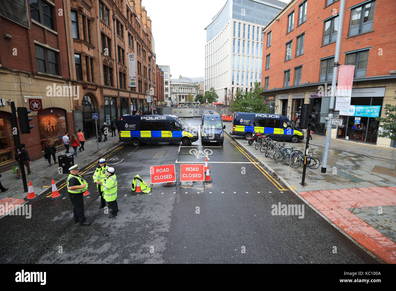 Manchester Police form a metal police cordon before a Stop Brexit march ...