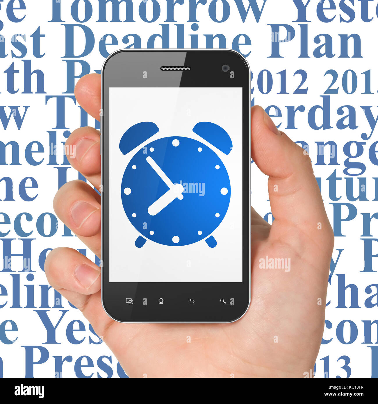 Timeline concept: Hand Holding Smartphone with Alarm Clock on display ...