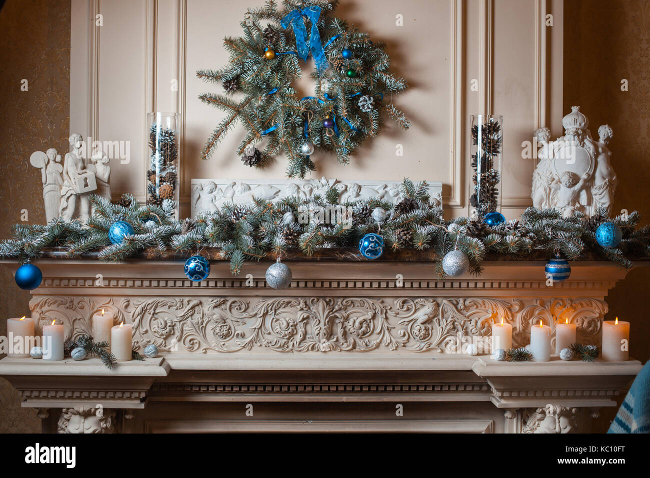 Christmas fireplace in the living room with ornaments and decorations ...
