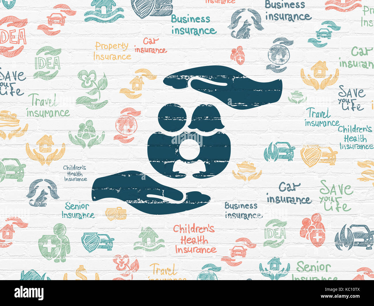 Insurance concept: Family And Palm on wall background Stock Photo - Alamy
