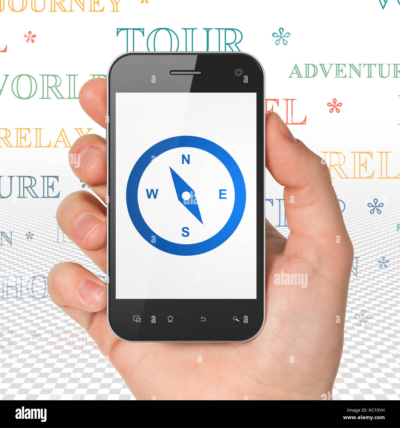 Vacation concept: Hand Holding Smartphone with Compass on display Stock ...