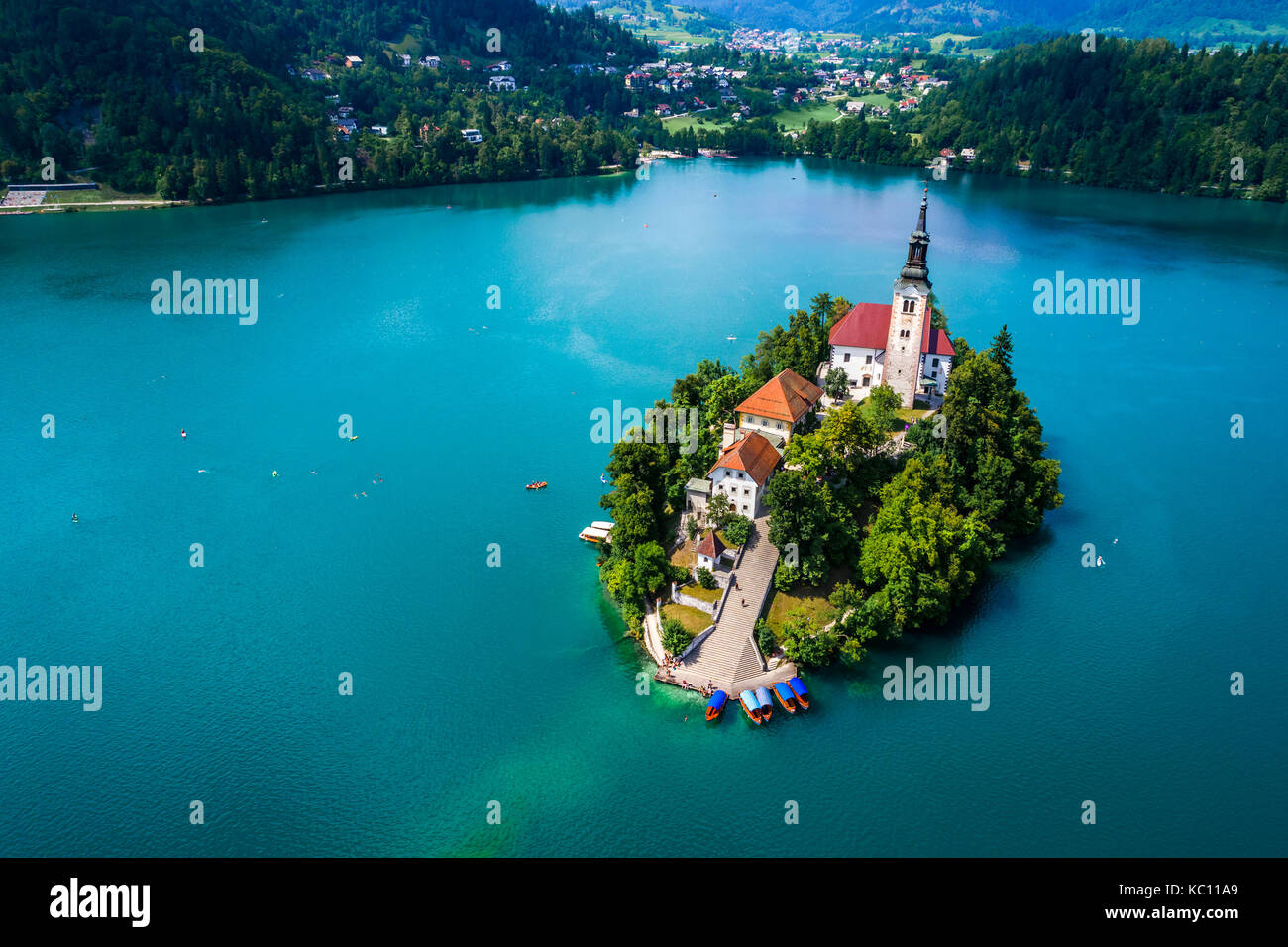 Slovenia - Aerial view resort Lake Bled. Aerial FPV drone photography ...
